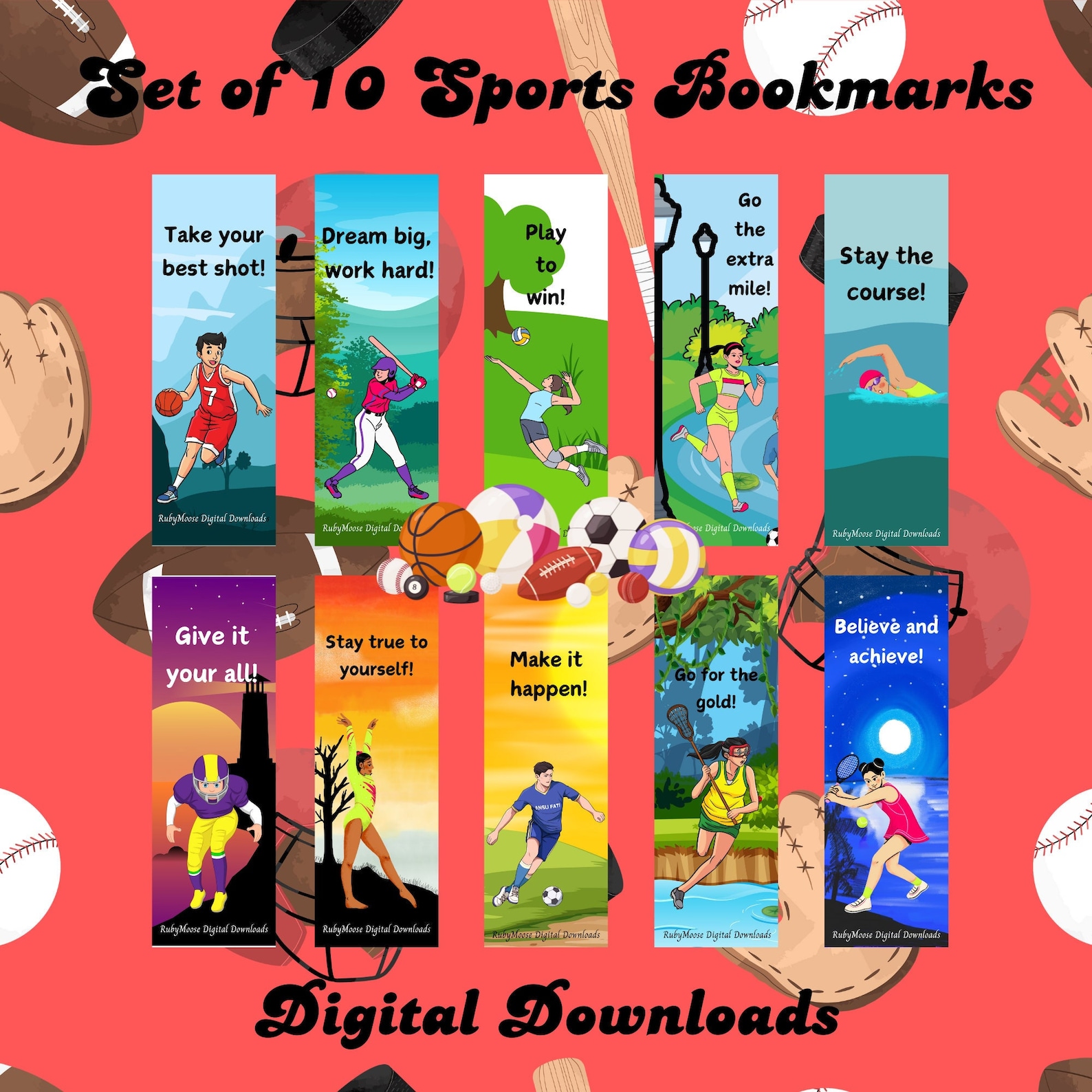 Set of 10 Sports Bookmarks, Sports Bookmarks, Digital Bookmarks to ...