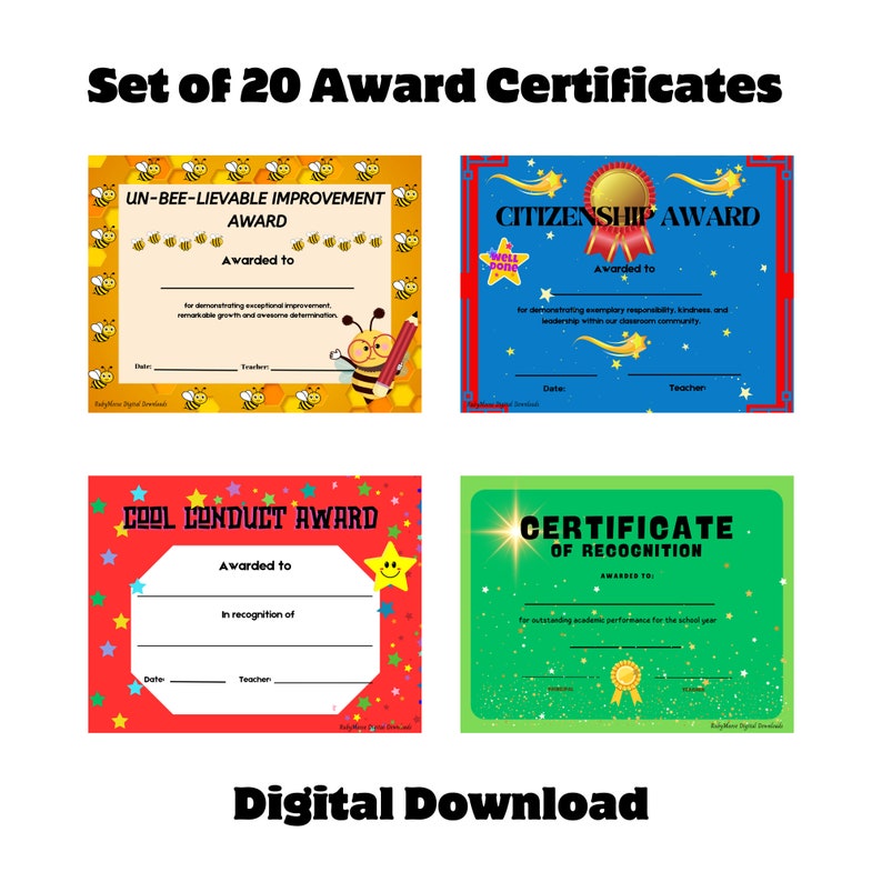 Set of 20 Award Certificates for Elementary School Students, Awards for ...