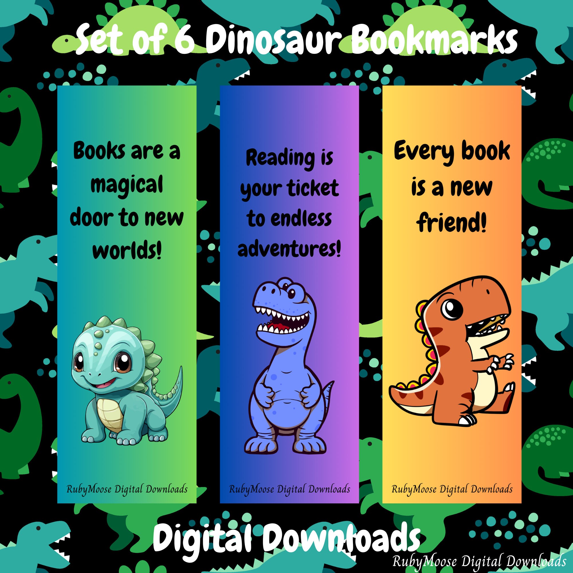 Set of 6 Dinosaur Bookmarks, Dinosaur Bookmarks, Digital Bookmarks to ...