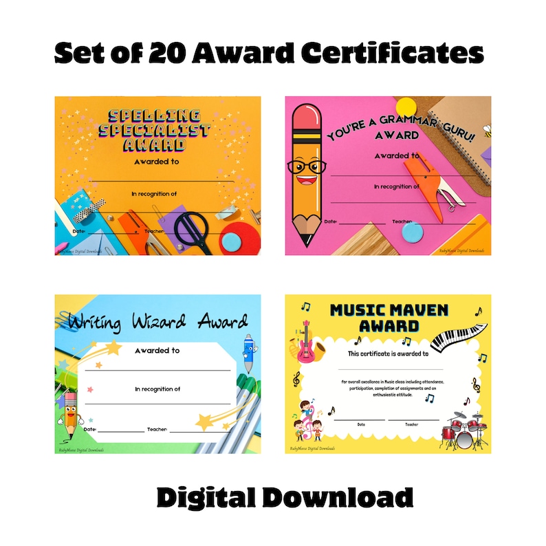 Set of 20 Award Certificates for Elementary School Students, Awards for ...