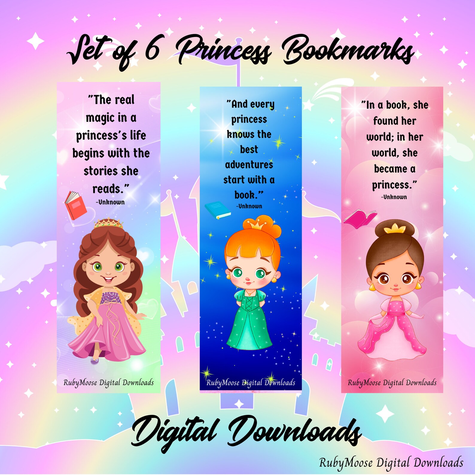 Set of 6 Princess Bookmarks, Princess Bookmarks, Digital Bookmarks to ...