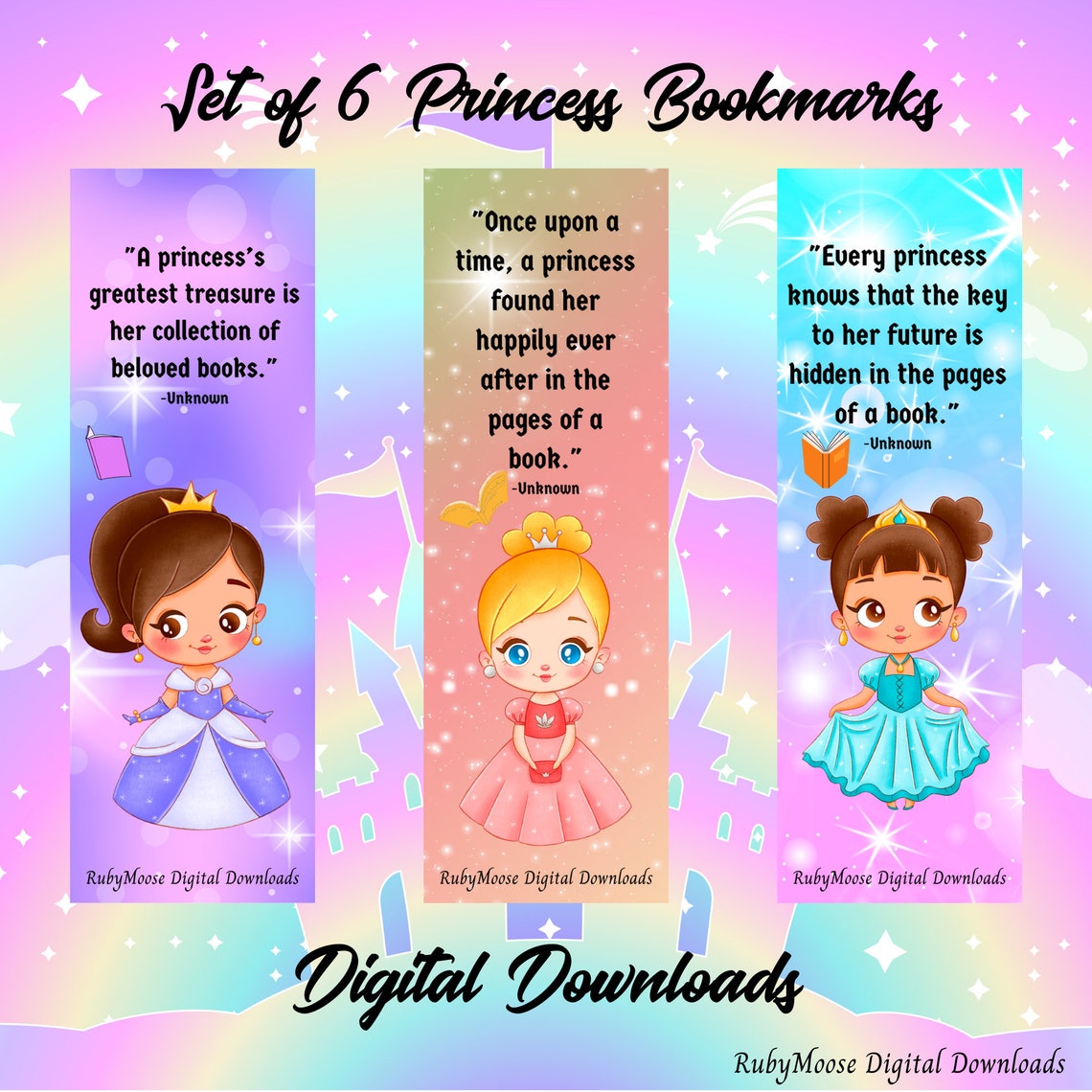 Set of 6 Princess Bookmarks, Princess Bookmarks, Digital Bookmarks to ...