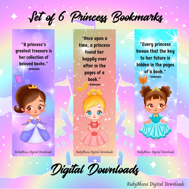 Set of 6 Princess Bookmarks, Princess Bookmarks, Digital Bookmarks to ...