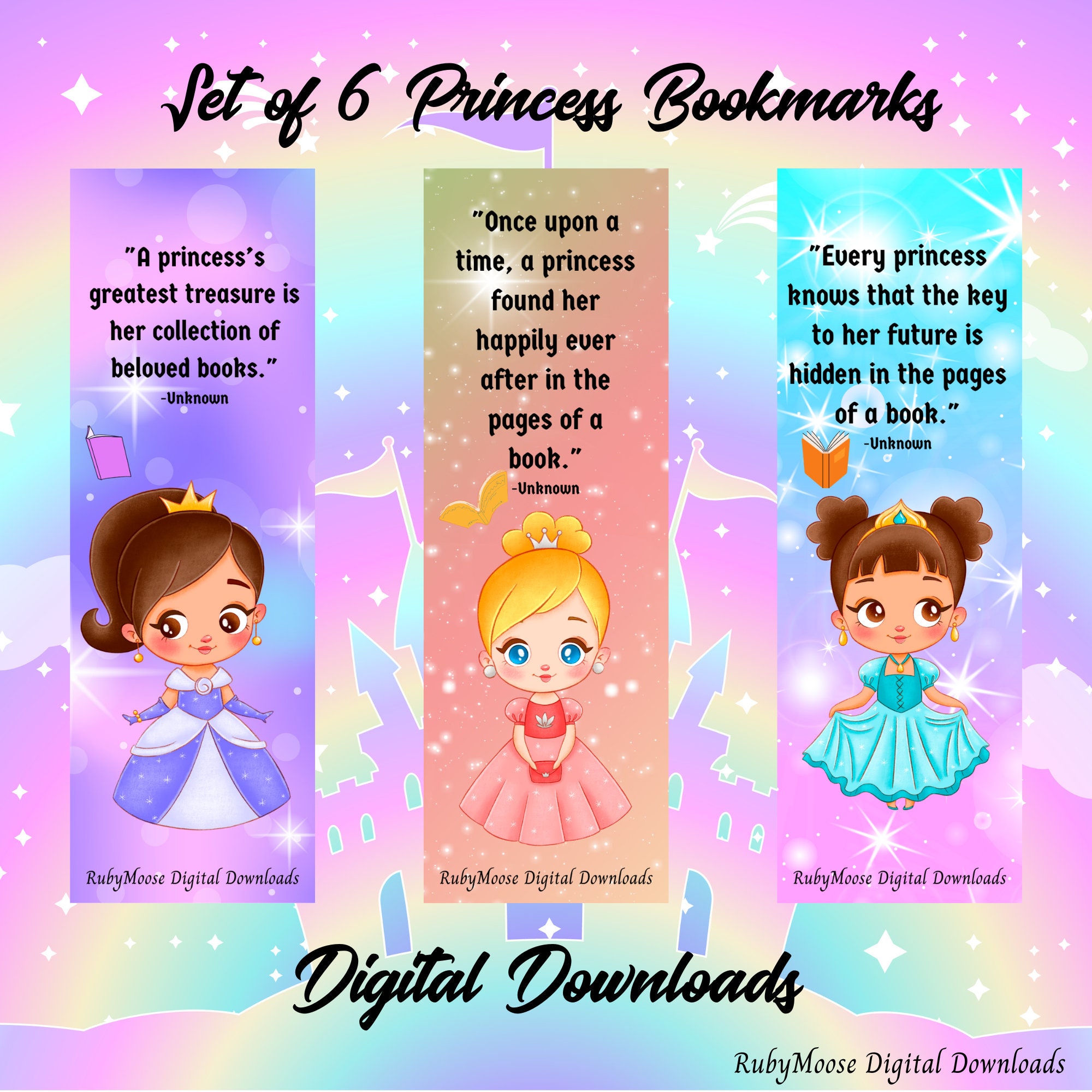 Set of 6 Princess Bookmarks, Princess Bookmarks, Digital Bookmarks to ...
