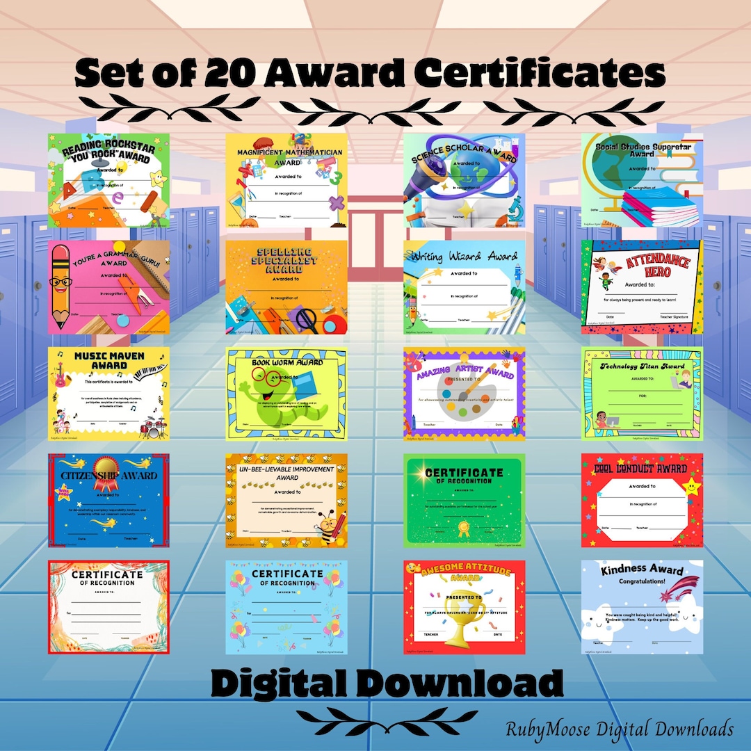 Set of 20 Award Certificates for Elementary School Students, Awards for ...