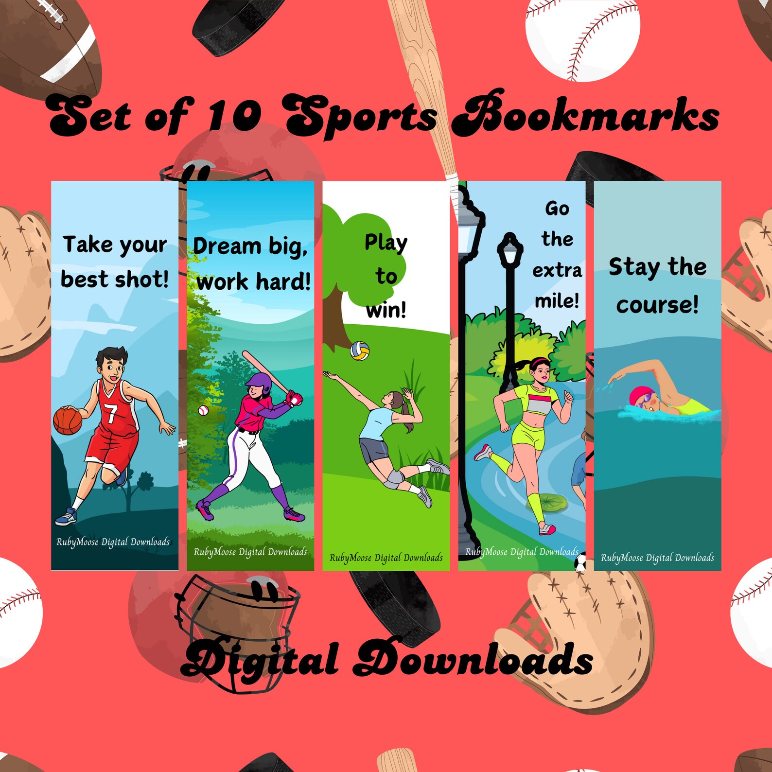 Set of 10 Sports Bookmarks, Sports Bookmarks, Digital Bookmarks to ...