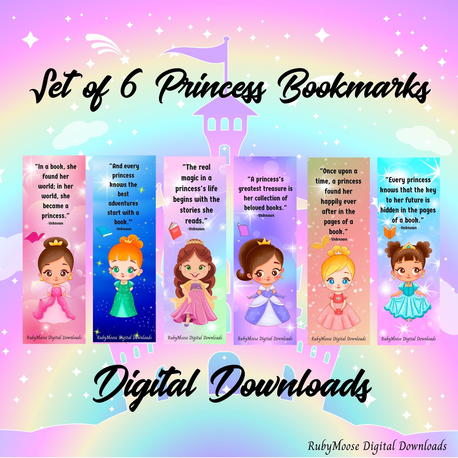 Set of 6 Princess Bookmarks, Princess Bookmarks, Digital Bookmarks to ...