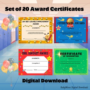 Set of 20 Award Certificates for Elementary School Students, Awards for ...