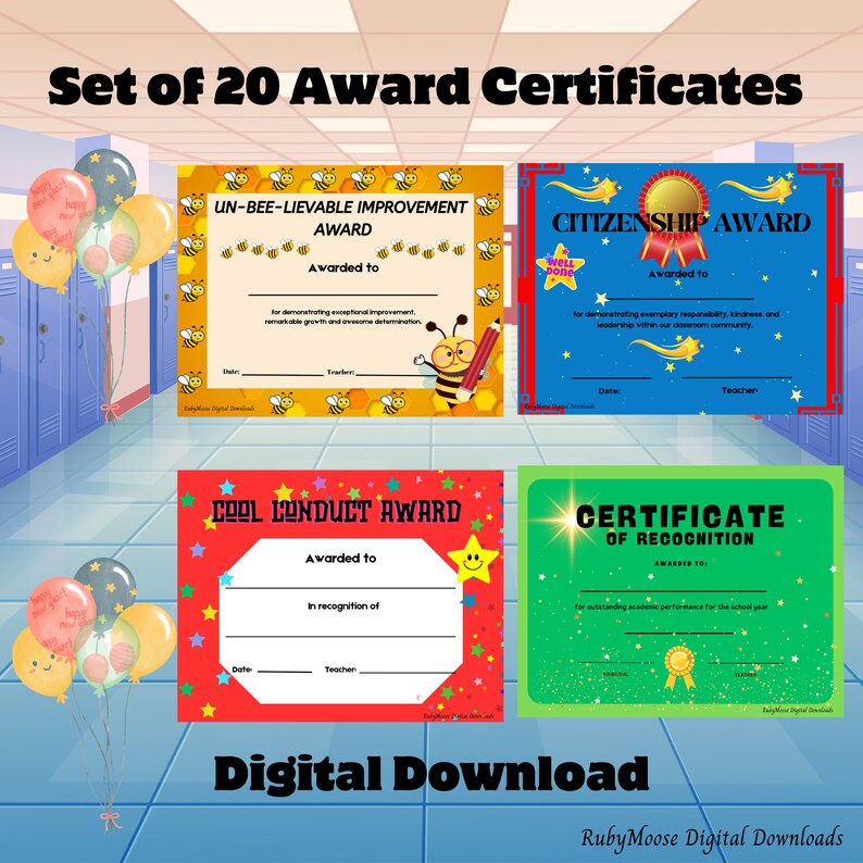 Set of 20 Award Certificates for Elementary School Students, Awards for ...