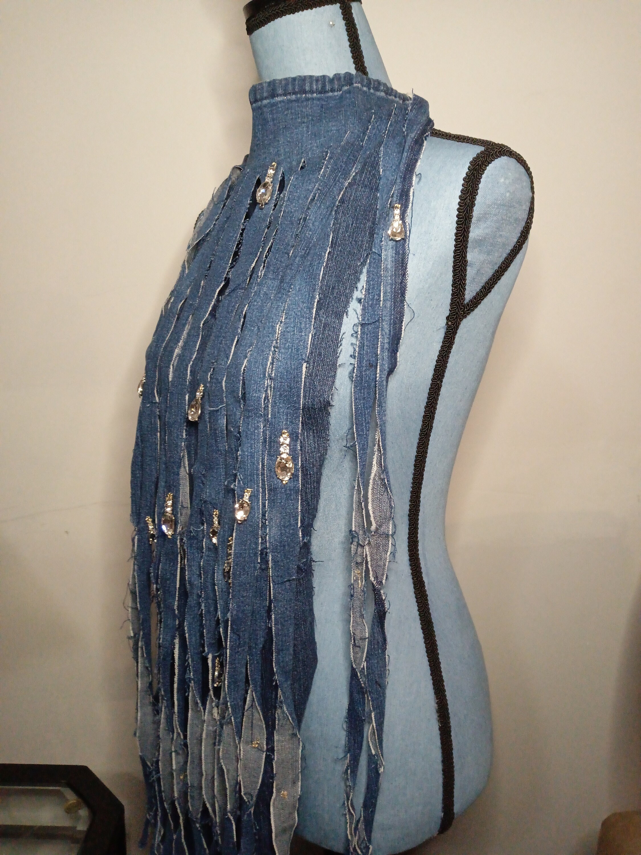 Edgy Denim Bling Bib Necklace Statement Design - Etsy