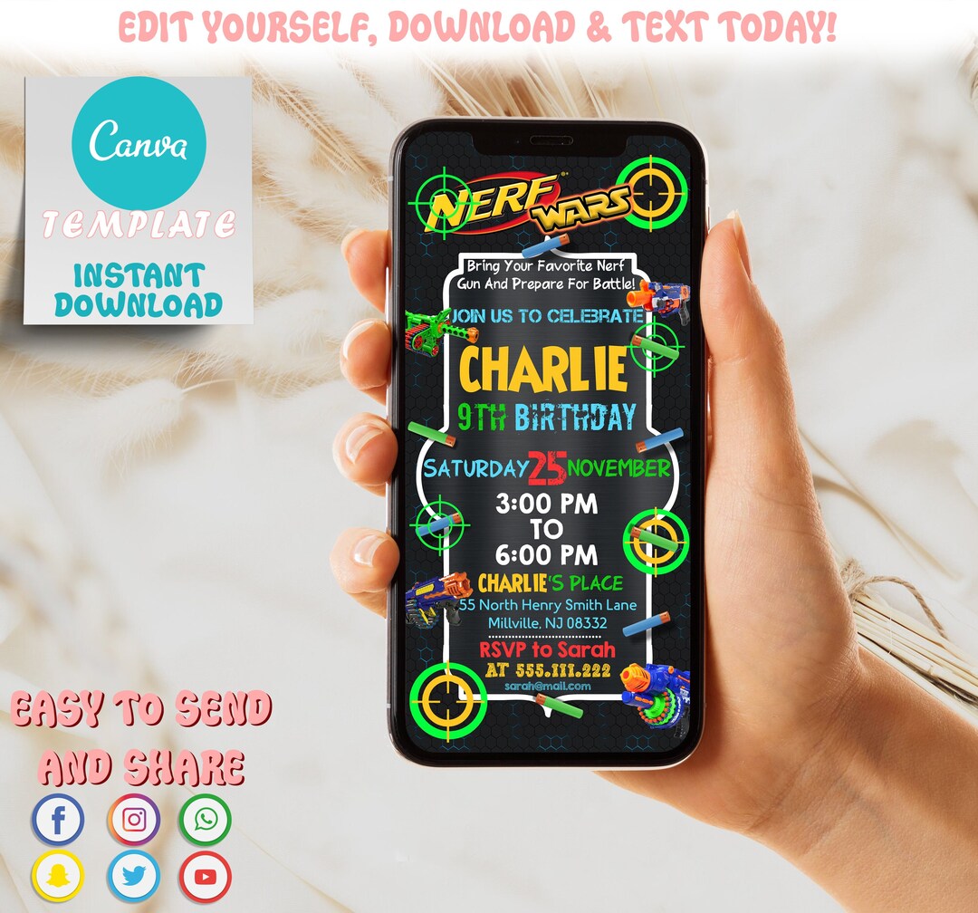 Editable Nerf Mobile Birthday Invitation Birthday Party Invitation Dart ...