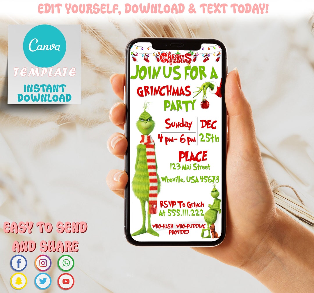 Editable Grinch Party Mobile Invitation Merry Grinchmas Invitation ...