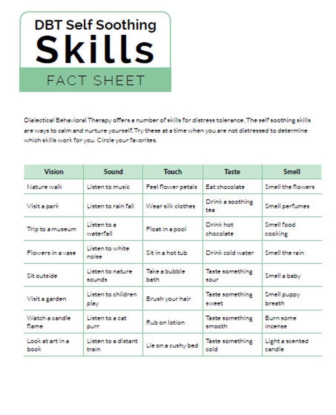 DBT Self Soothing and Coping Skills Work Sheet - Etsy Canada