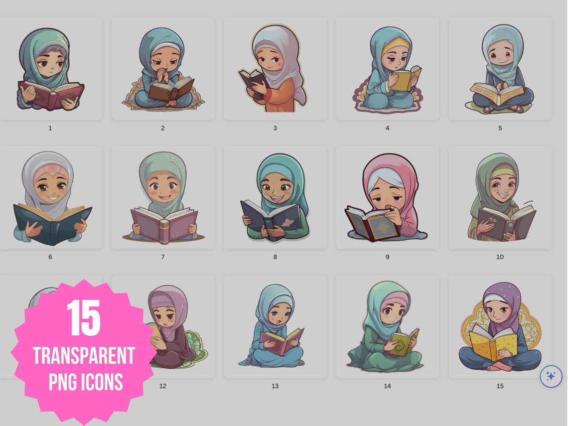 Muslim Girl Reading Quran Sticker Icons | Hijabi Girl Reading Quran PNG ...