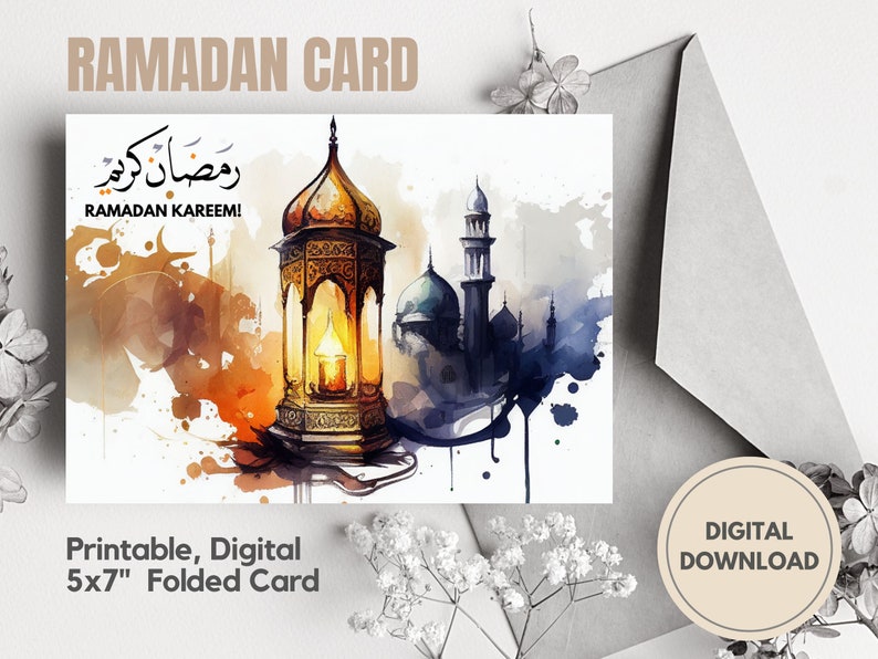 Ramadan Mubarak Greeting Card Digital Ramadan Mubarak Card Watercolour ...