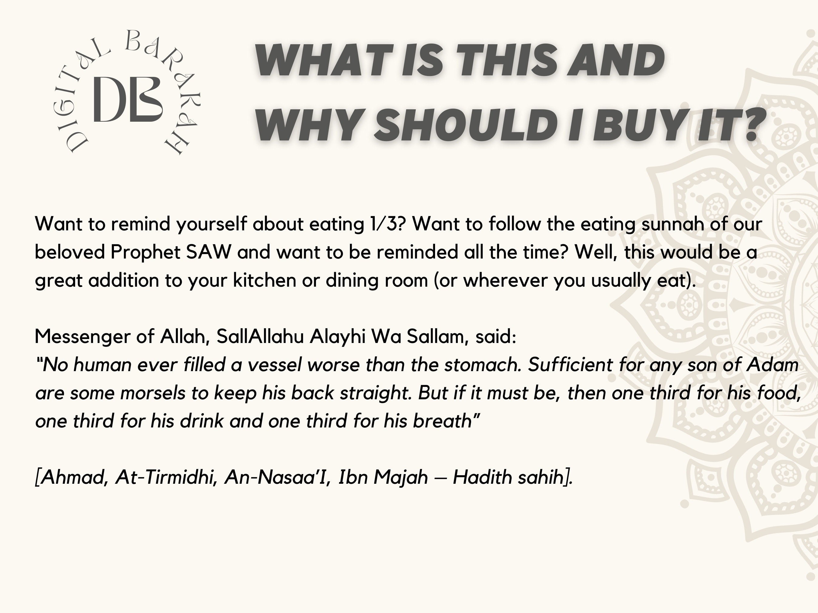 Motivational Islamic Poster | Printable Wall Art| Hadith on Eating 1/3 ...