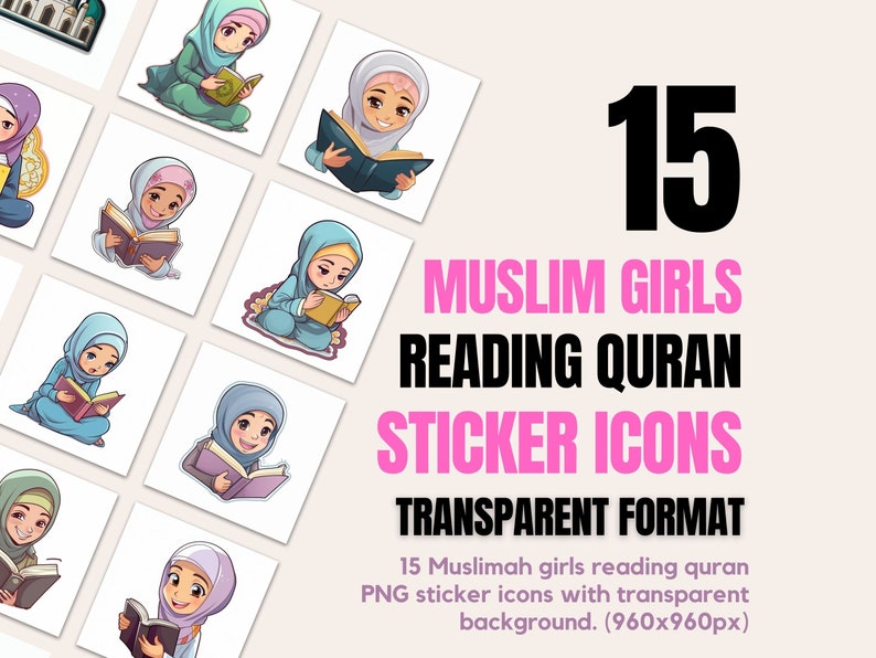 Muslim Girl Reading Quran Sticker Icons | Hijabi Girl Reading Quran PNG ...
