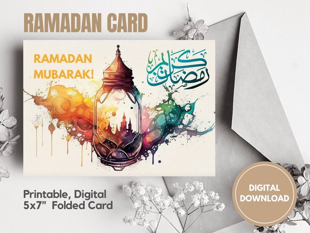 Printable Digital Ramadan Mubarak Card | Ramadan Mubarak Greeting Card | Watercolour Ramadan ...