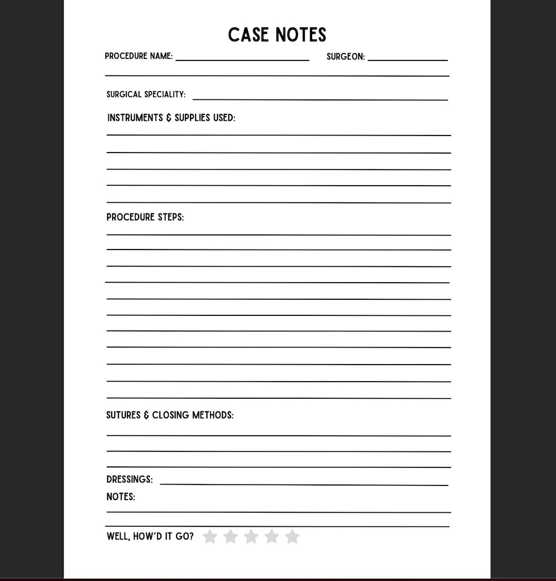 Case Note Template for Surgical Tech Students, New Scrub Techs, OR ...