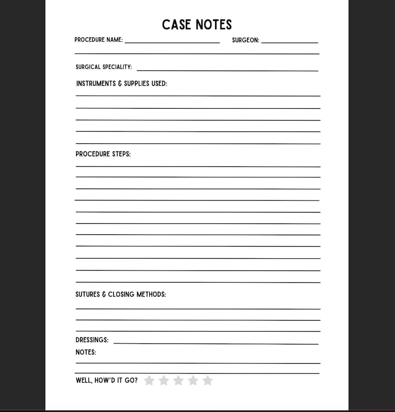 Case Note Template for Surgical Tech Students, New Scrub Techs, OR ...