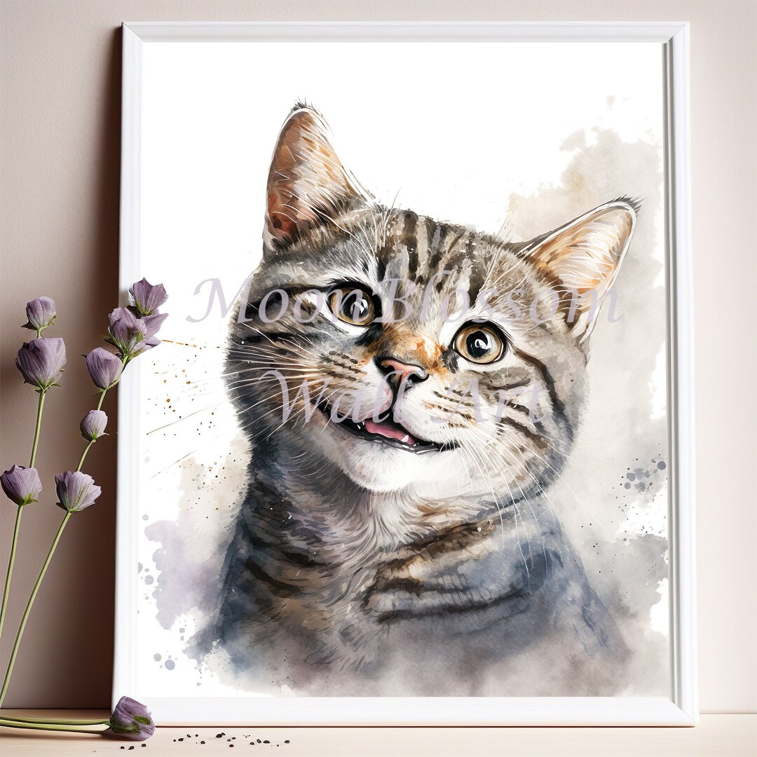Grey Tabby Cat Print / Gray Tabby Cat / Watercolor Decor / Contemporary ...