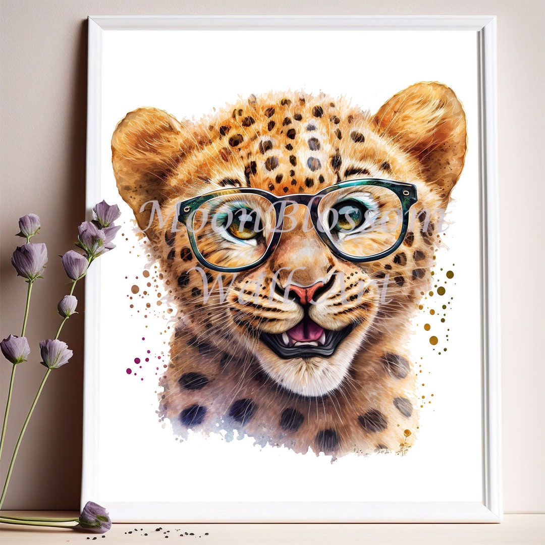 Happy Leopard Wearing Glasses / Leopard With Glasses / Watercolor Decor ...
