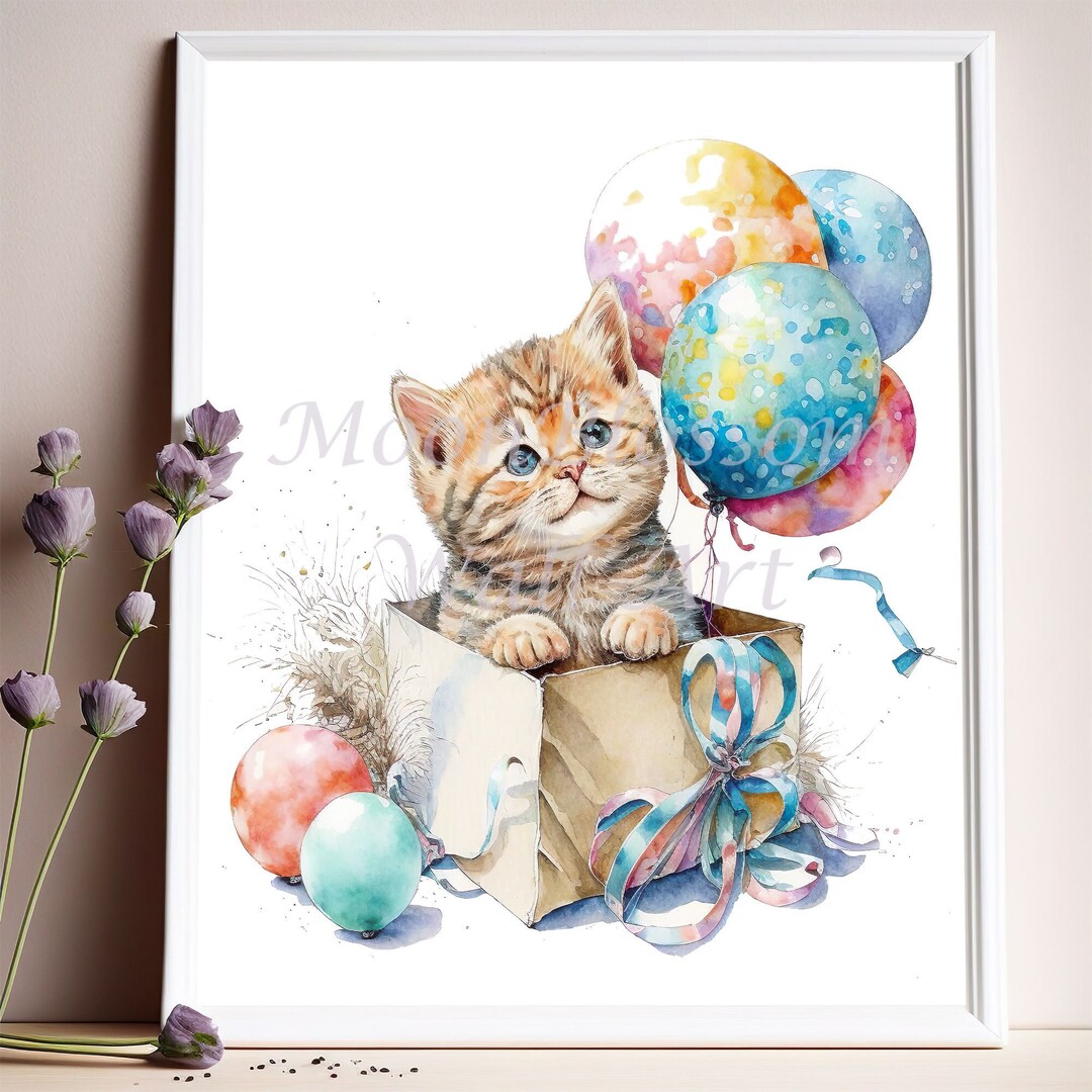 Cat With Presents and Balloons / Cat / Watercolor Decor / Contemporary ...