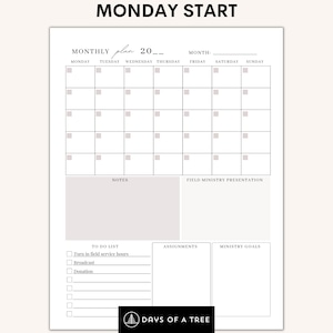 JW Planner Printable Monthly Calendar JW Ministry Schedule Pioneer ...
