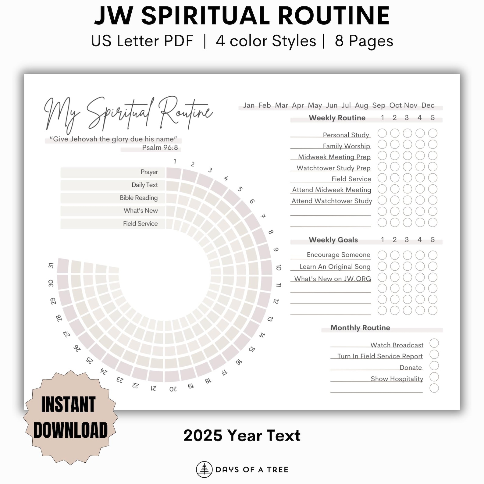 JW Spiritual Routine Habit Tracker 2025 Year Text Psalm 96:8 Digital JW ...