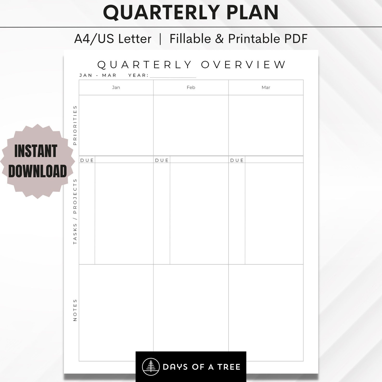 Quarterly Planner Printable Fillable Quarterly Business Calendar 3 ...
