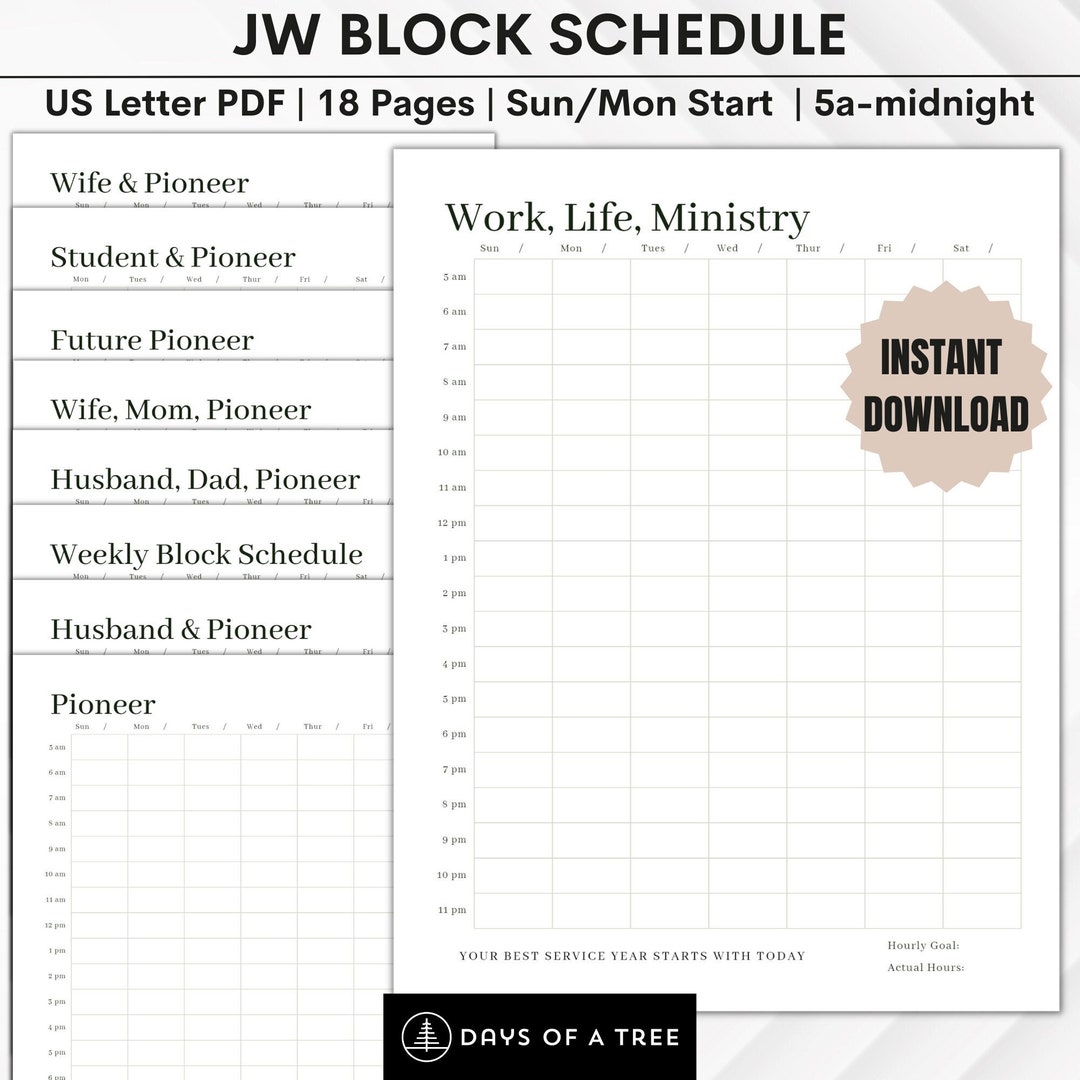 JW Planner Work Life Ministry Block Schedule Bundle JW Printable ...