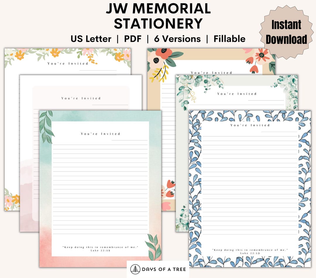 JW Memorial Stationery Bundle Printable Letter Writing Paper Memorial ...
