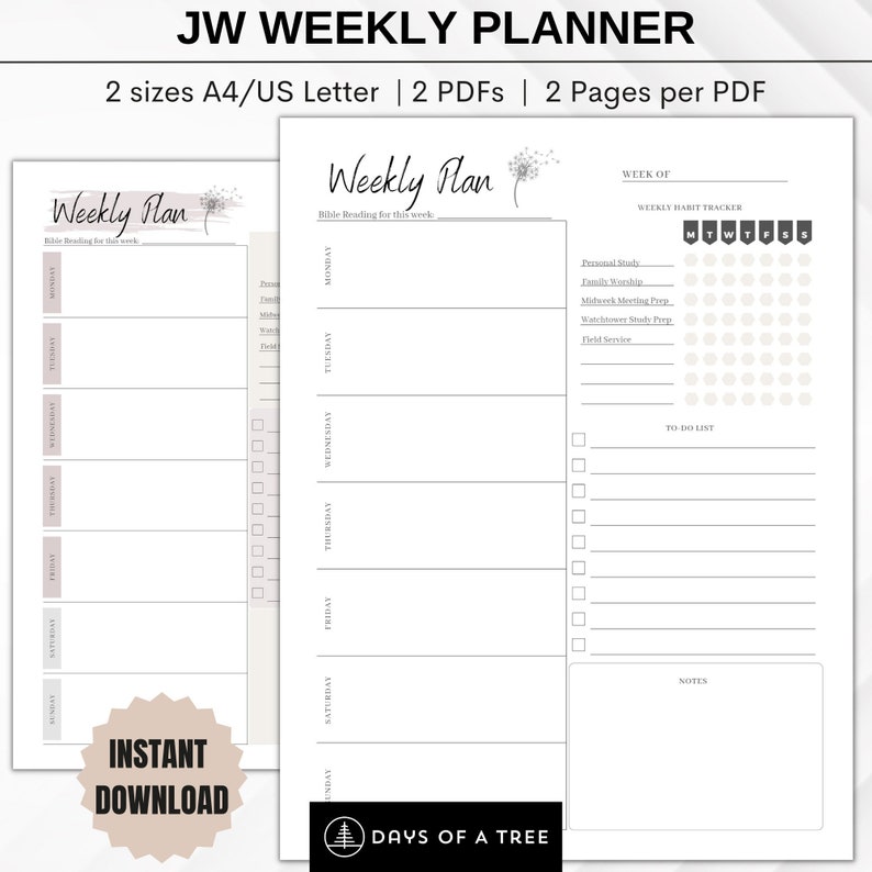 JW Weekly Planner Ministry Theocratic Weekly Calendar JW - Etsy
