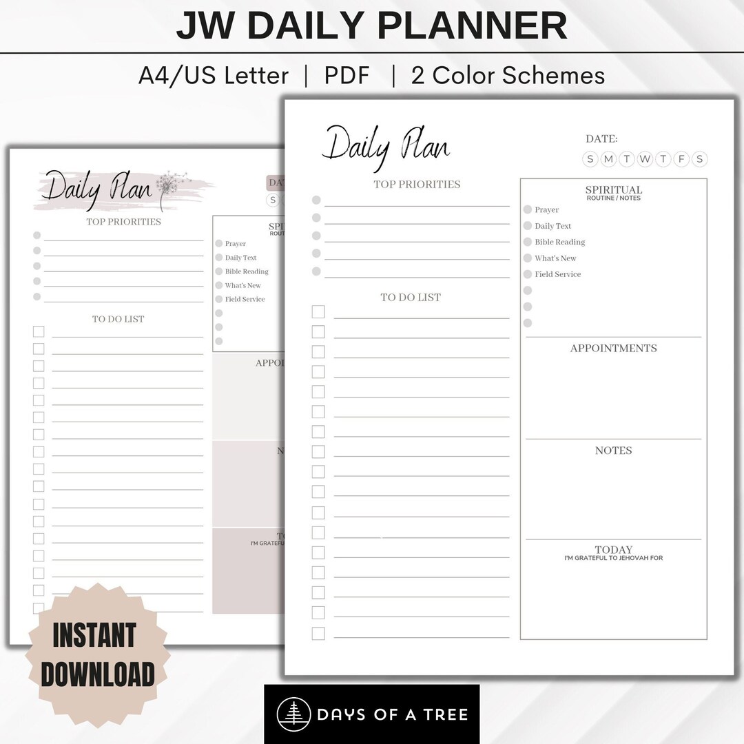 Digital JW Daily Planner Printable Spiritual Routine for Sisters ...