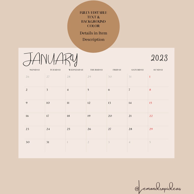 2023 Monthly Calendar Landscape, A3 & A4 Printable Calendar 2023 Year ...
