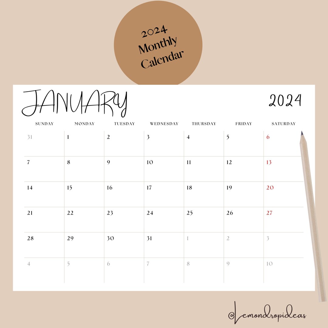 2024 Monthly Calendar Landscape, A3 & A4 Printable Calendar | 2024 Year ...