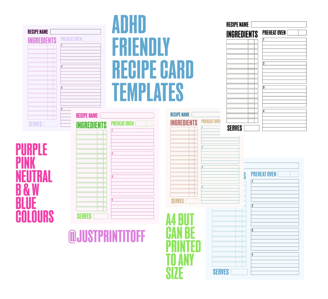 ADHD Friendly Empty Recipe Card Sheets for Remembering Recipes, Meal ...