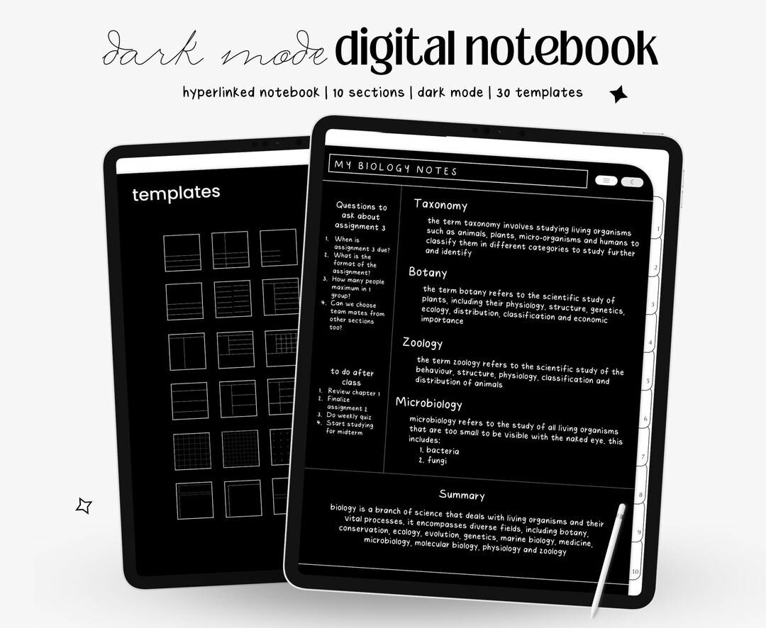 Dark Mode Digital Notebook, 10 Tabs, Minimalist Notebook, Dark Mode ...