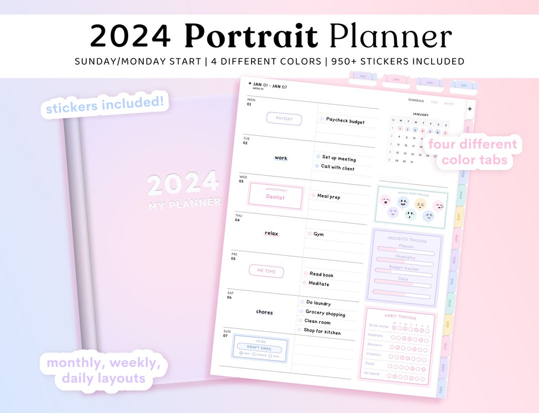 2024 Digital Planner Portrait, Pastel Digital Planner, Everyday Digital ...