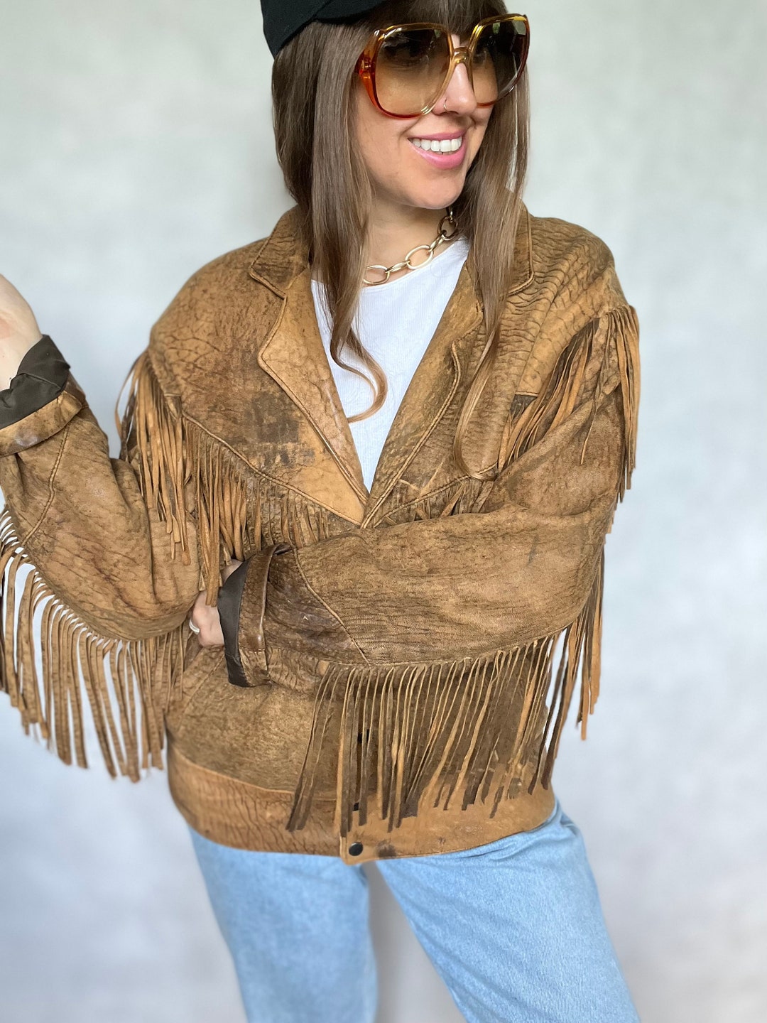 Leather Vintage Fringe Jacket Cowboy Wester Long Fringes Distressed ...