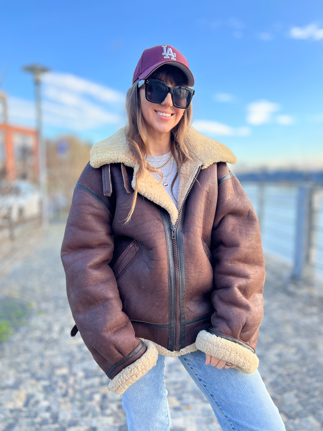 Vintage Shearling Jacket Coat Real Sheepskin Brown Wool Oversized Pilot ...