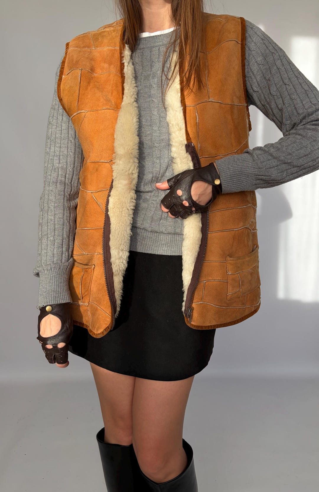 Vintage Sheepskin Vest Shearling Retro Boho Fur Leather Patchwork Warm ...