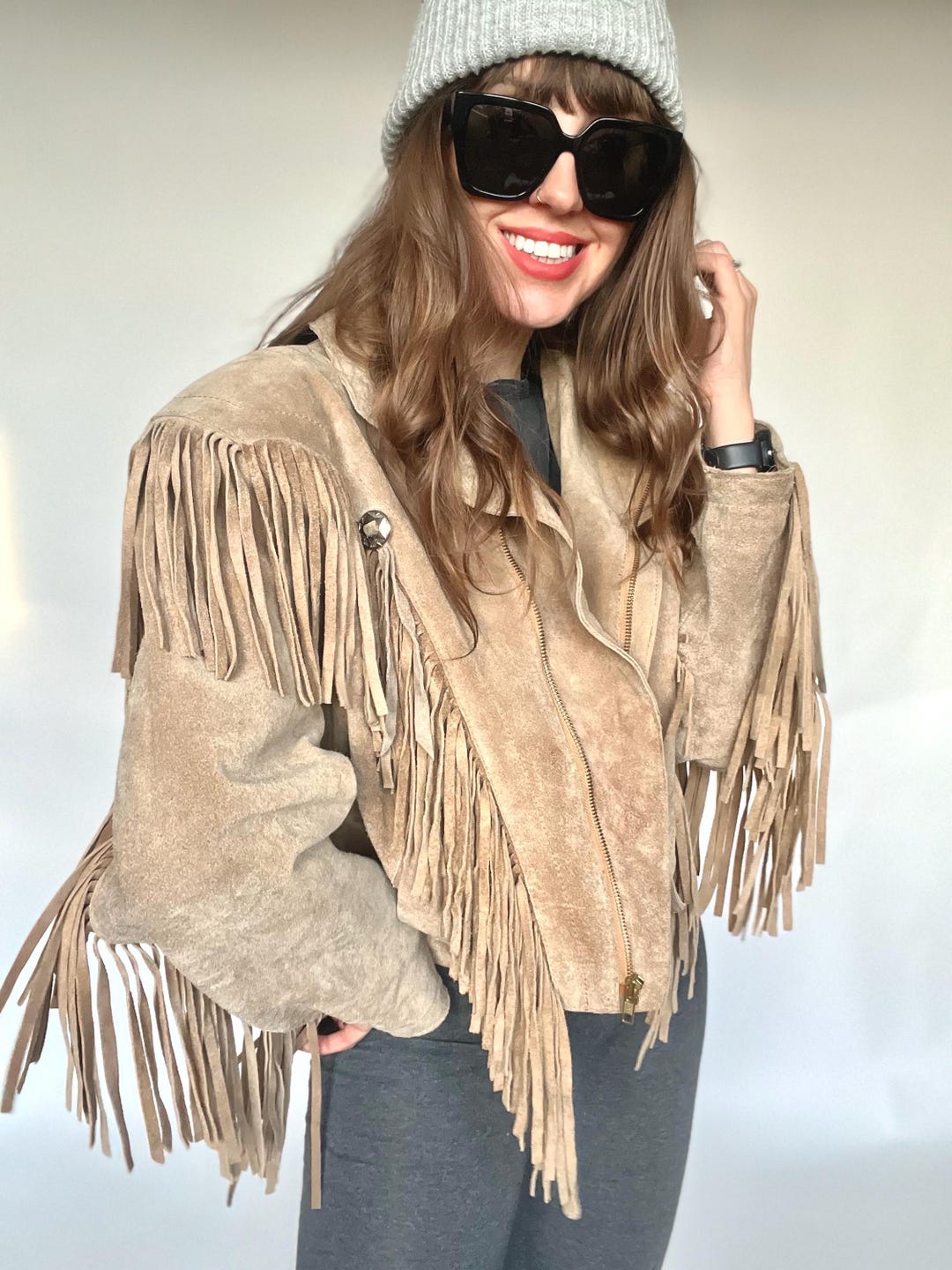 Beige Suede Jacket With Fringes Vintage Cowboy Genuine Leather Western ...
