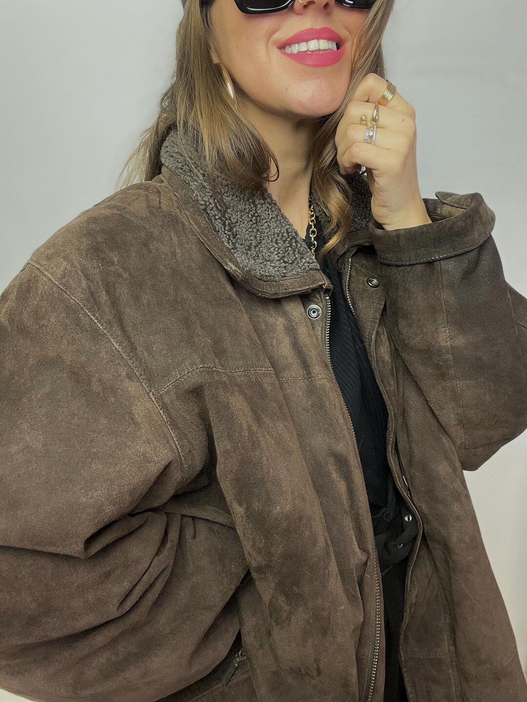 Vintage Real Suede Jacket Coat Brown Leather Faux Shearling Man Unisex ...