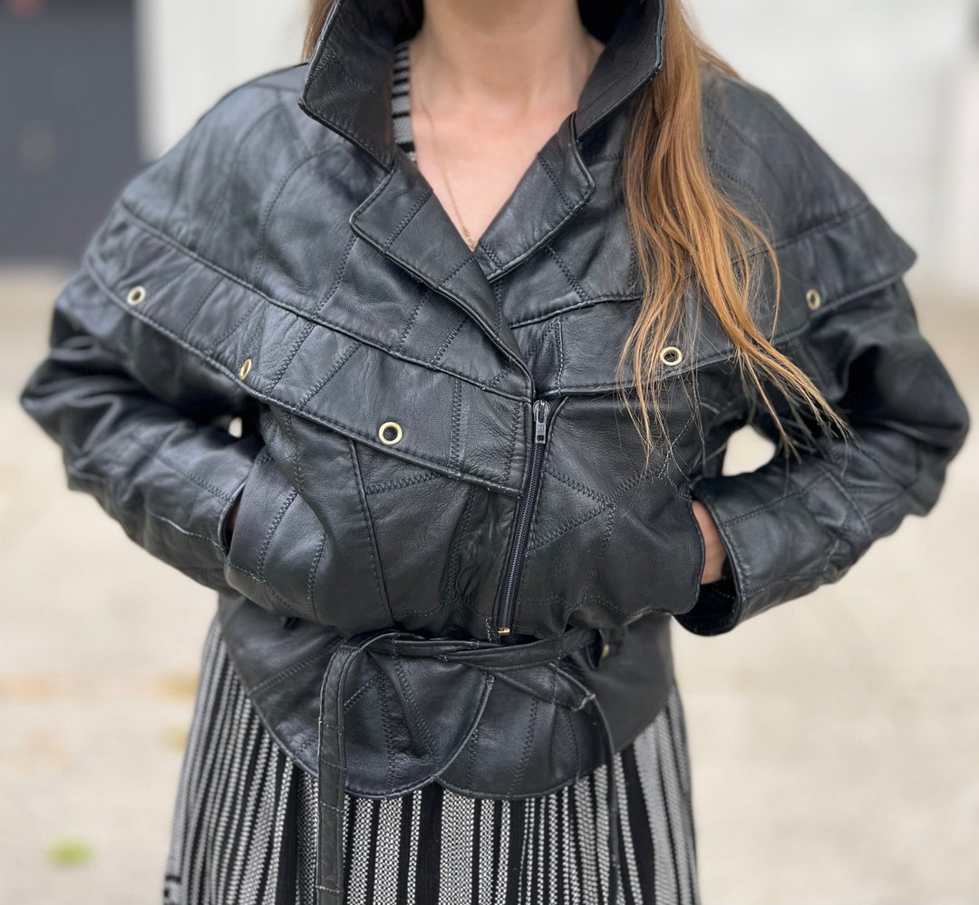 Leather Jacket Patchwork Black Biker Jacket Tied With a Biker Bat Belt ...