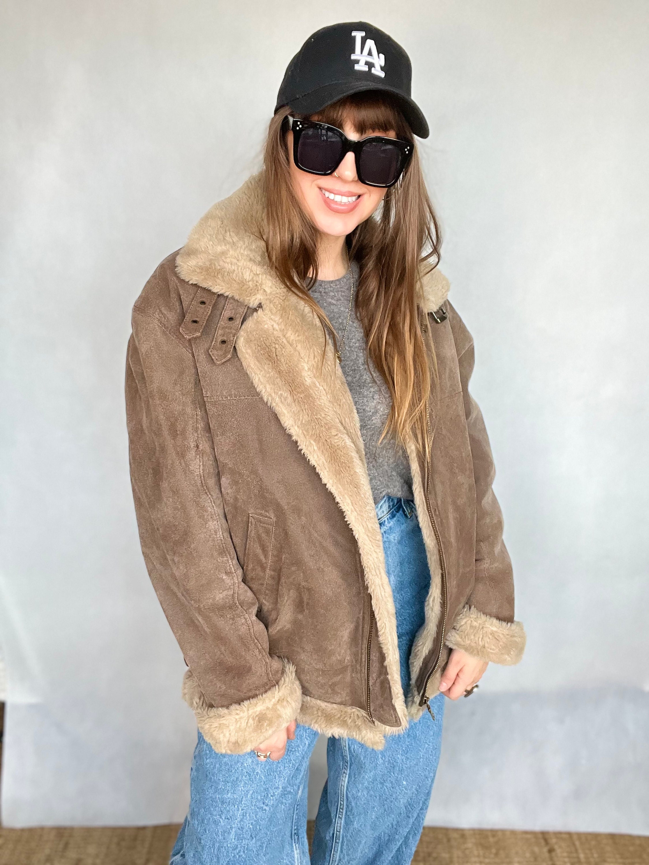 Vintage Shearling Aviator Jacket Suede Bomber Leather Pilot Faux Fur ...