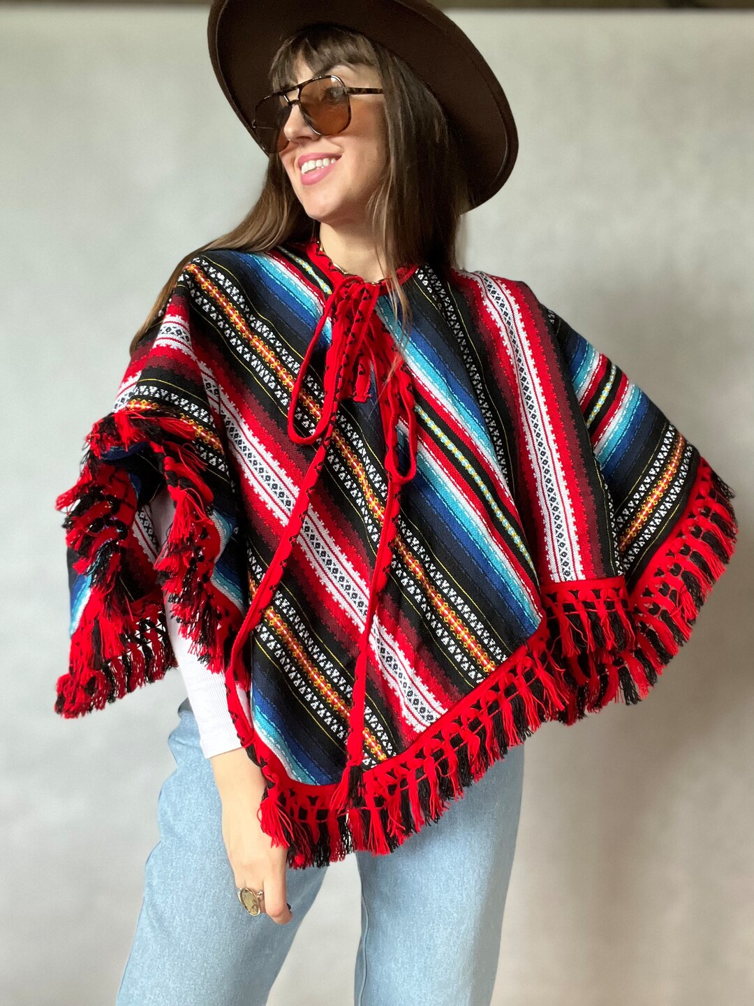 Vintage Poncho Cape Capote Indian Cape Aztec Boho Fringes - Etsy