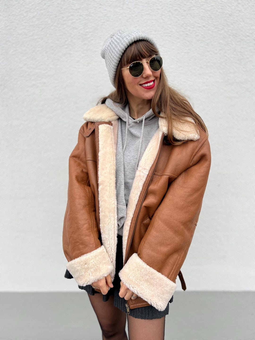 Vintage Sheepskin Jacket Coat Real Shearling Brown Aviator Pilot Wool ...