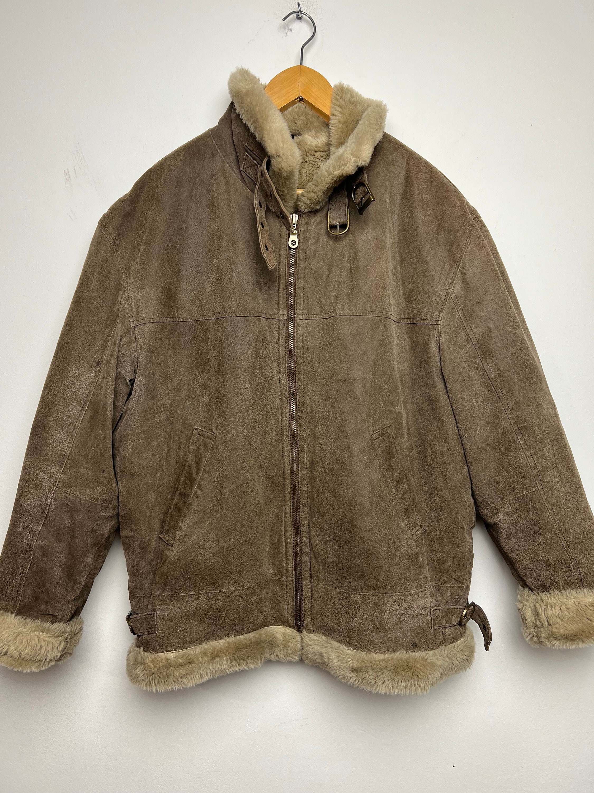 Vintage Shearling Aviator Jacket Suede Bomber Leather Pilot Faux Fur ...