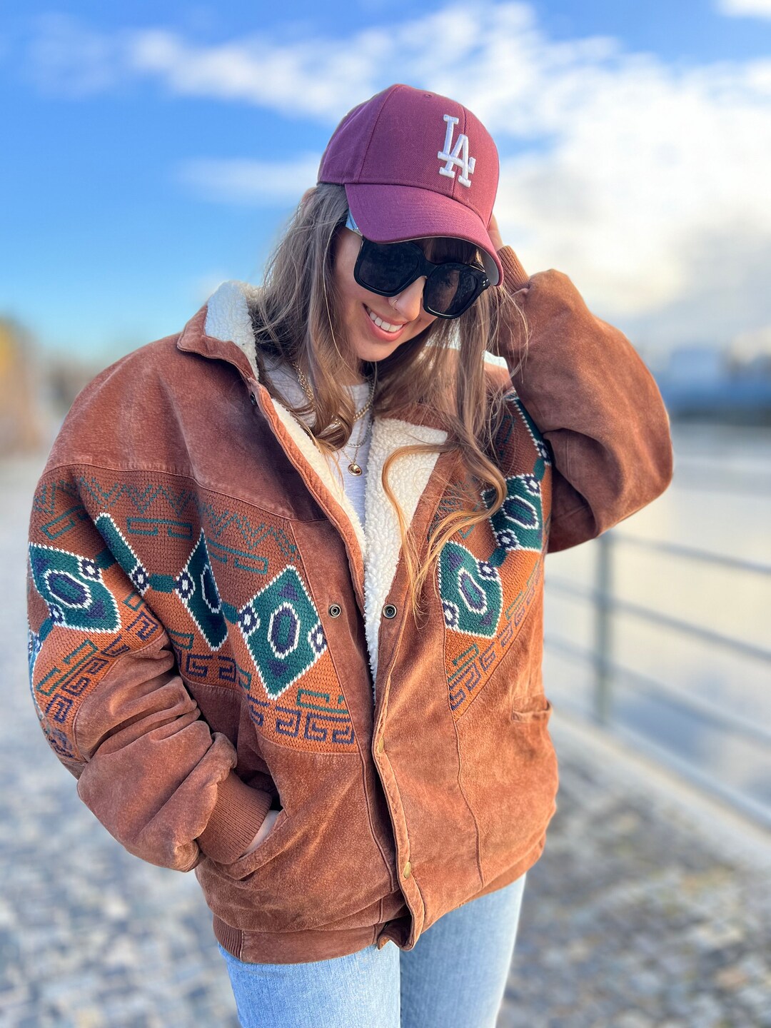 Vintage Aztec Sherpa Jacket Bomber Suede Man Woman Oversize Large Ethno ...